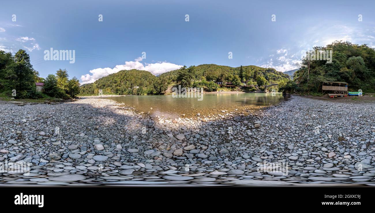 full seamless 360 hdri panorama on the stone coast of a fast mountain ...