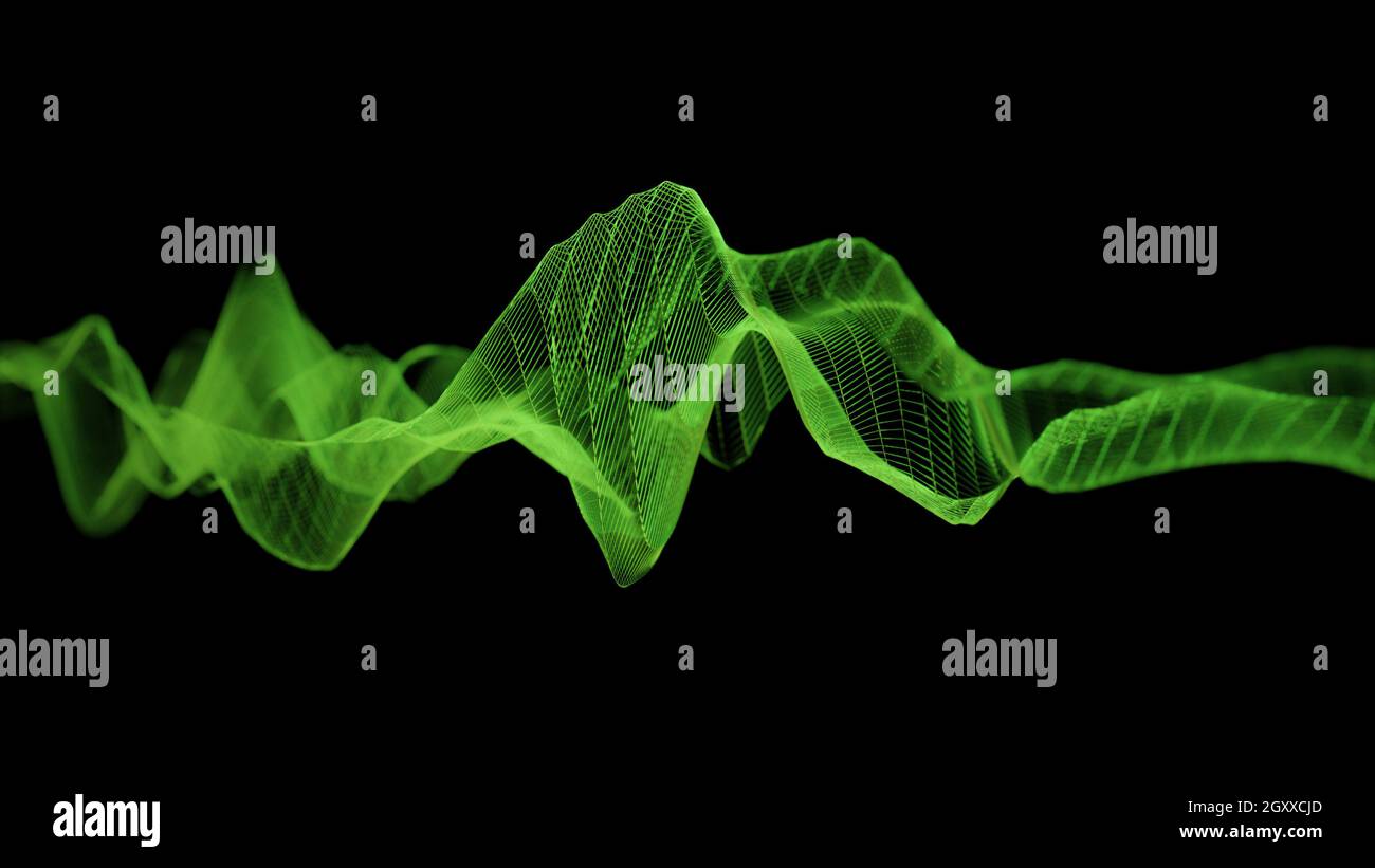 Green 3d Wireframe Wave Structure Abstract Visualization Of Audio Sound Waves Against Black