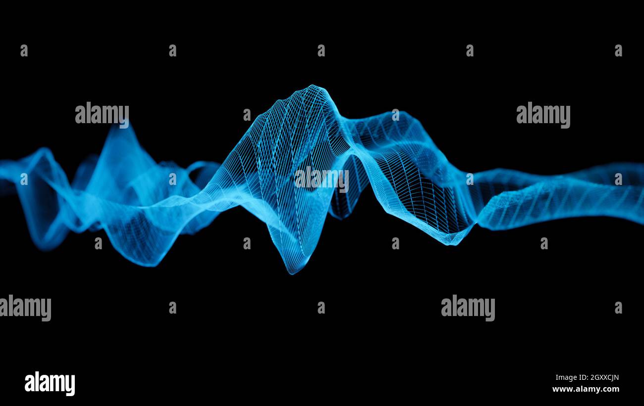 Blue 3d Wireframe Wave Structure Abstract Visualization Of Audio Sound Waves Against Black
