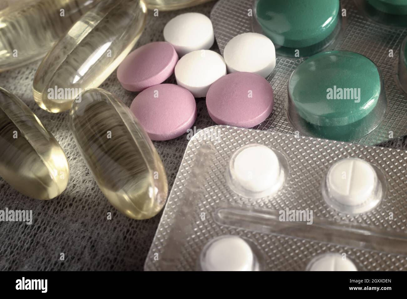 Different forms of drugs: tablets, ampoules, capsules, blister pack on ...