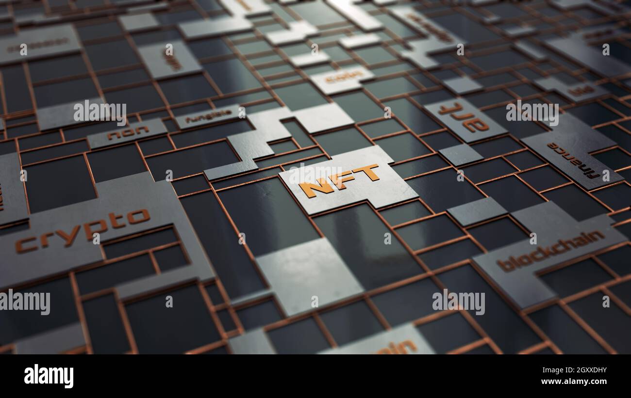 abstract grid with word cloud, concept of NFT, non fungible token and ...