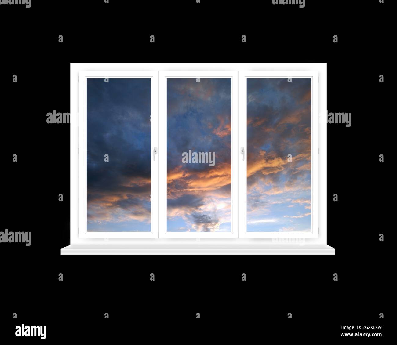 Window with view to sunset with dark cloud. Thunder-storm clouds ...