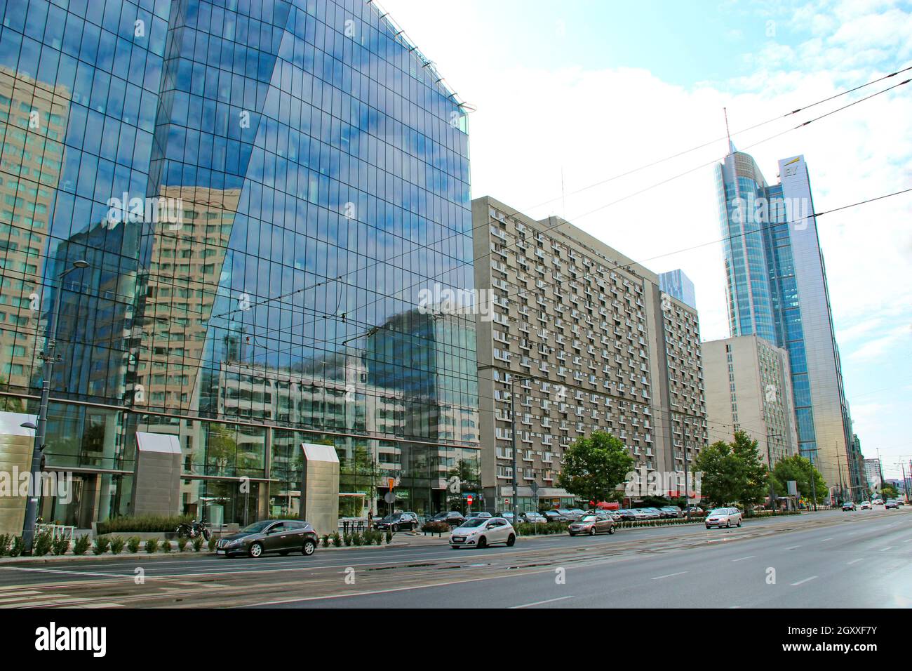 Warsaw with tall skyscrapers. Street with modern buildings. Modern ...