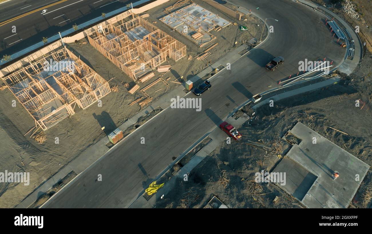 Drone Aerial View of Home Construction Site Foundations and Framing ...