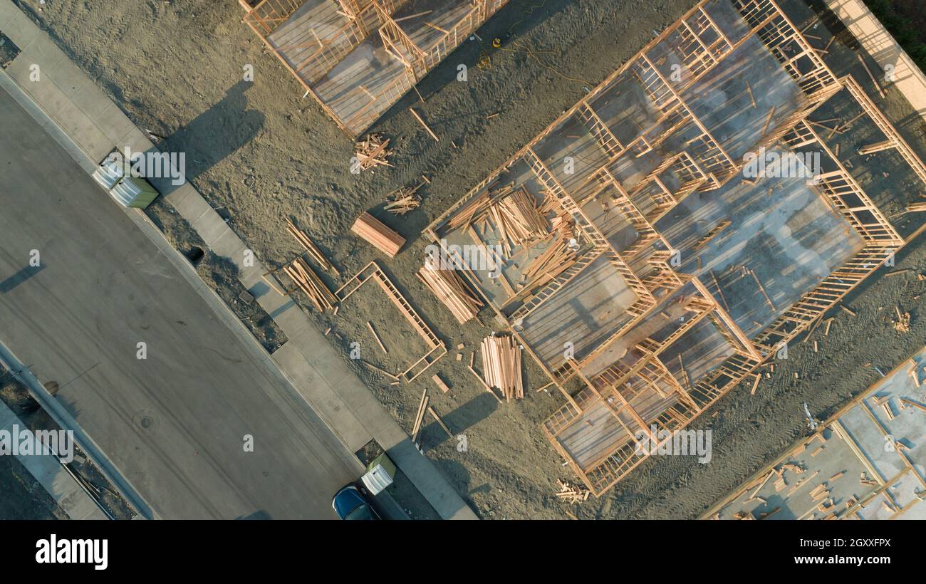 Drone Aerial View of Home Construction Site Foundations and Framing ...