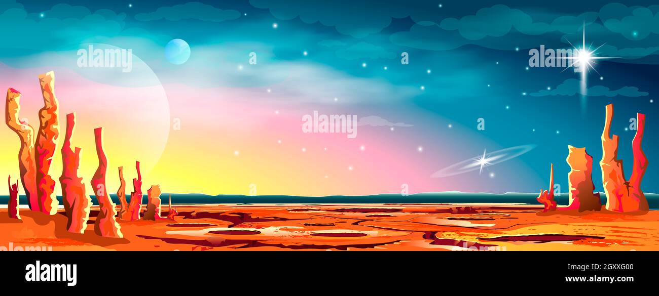 The surface of an alien planet. Shining stars and clouds. Stellar ...