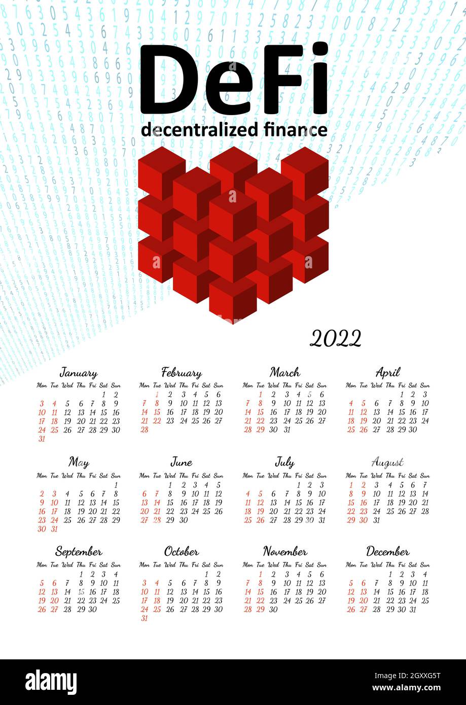 Vertical yearly calendar 2022 with DeFi decentralized finance theme ...