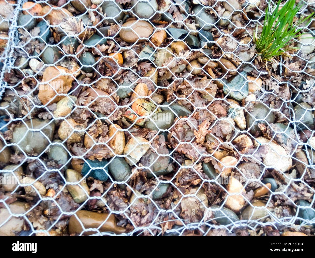 Retaining net on the slope. The net keeps the pebble from scattering ...