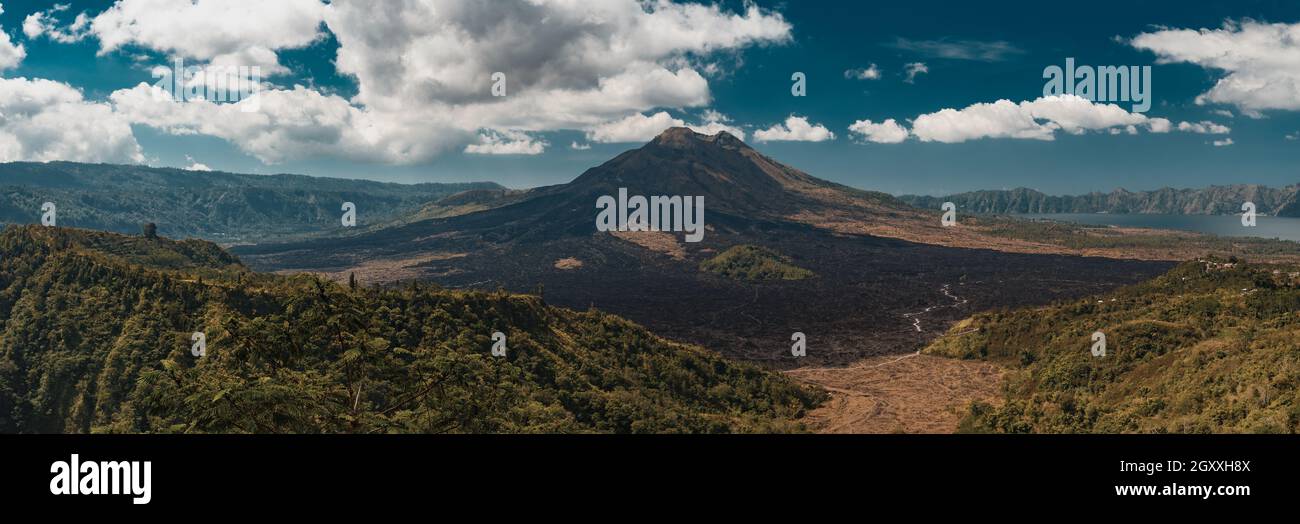 Mount Batur volcano and Agung mountain panoramic view with blue sky ...