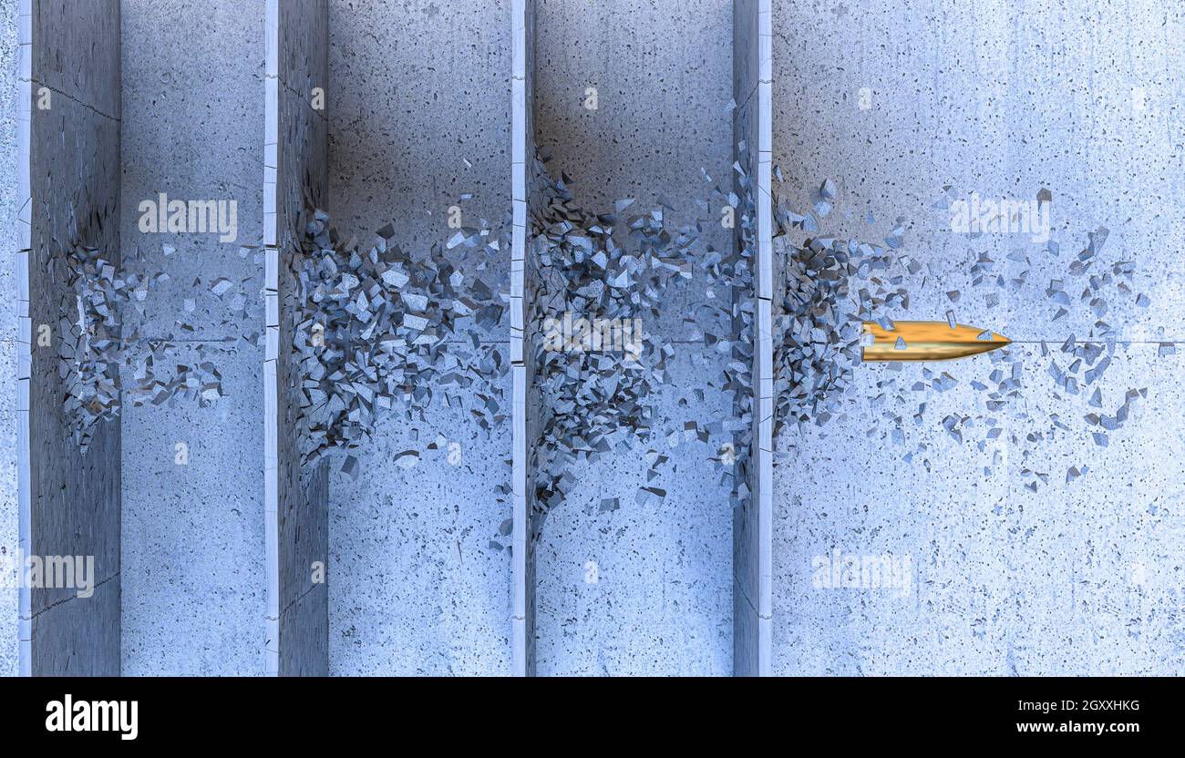 bullet passes through concrete walls destroying them. 3d render Stock ...
