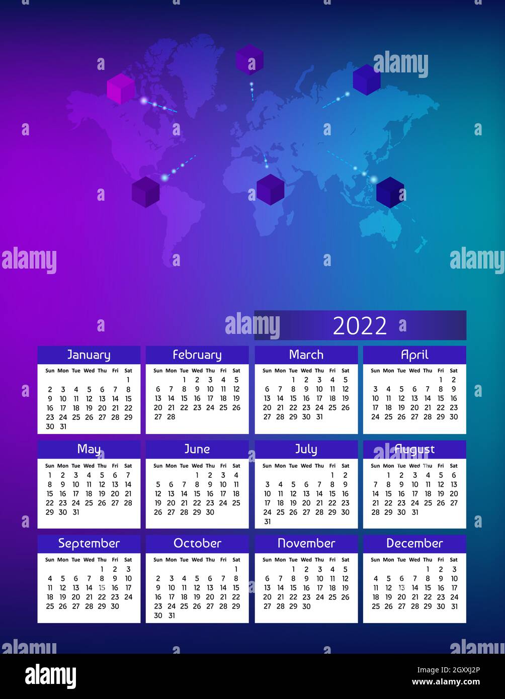 Vertical futuristic yearly calendar 2022 with world map and cubes, week ...