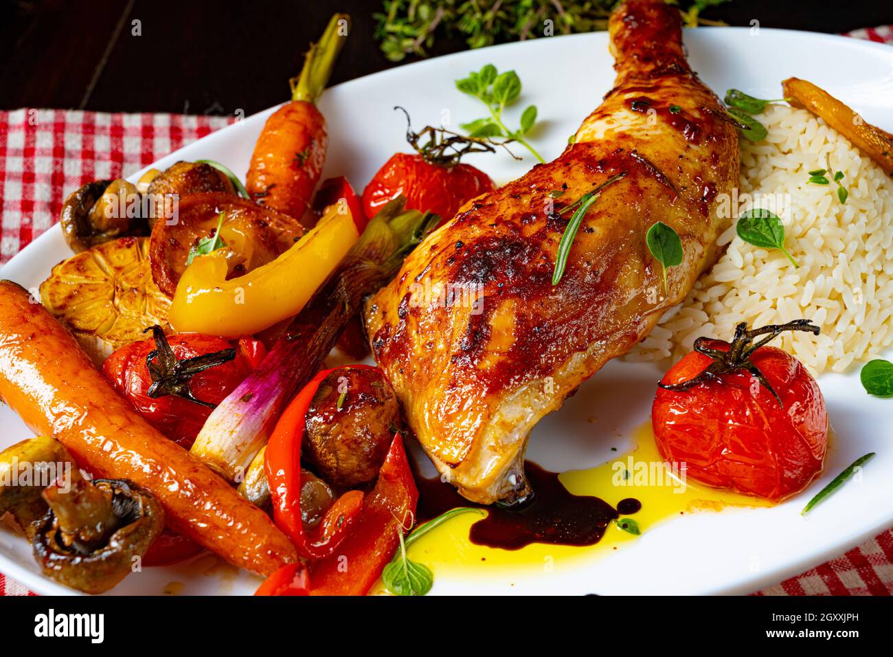 Rustic fried chicken legs with assorted vegetables and rice Stock Photo ...