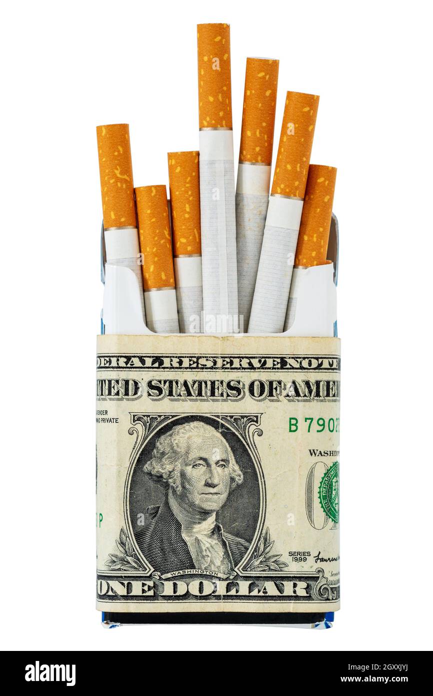 Package of cigarette wrapped with dollar banknote. Smoking is bad for ...