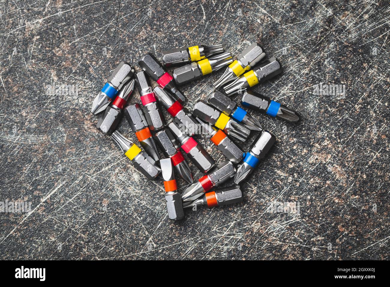 Set of screwdriver bits. Various types of screwdriver heads isolated on ...