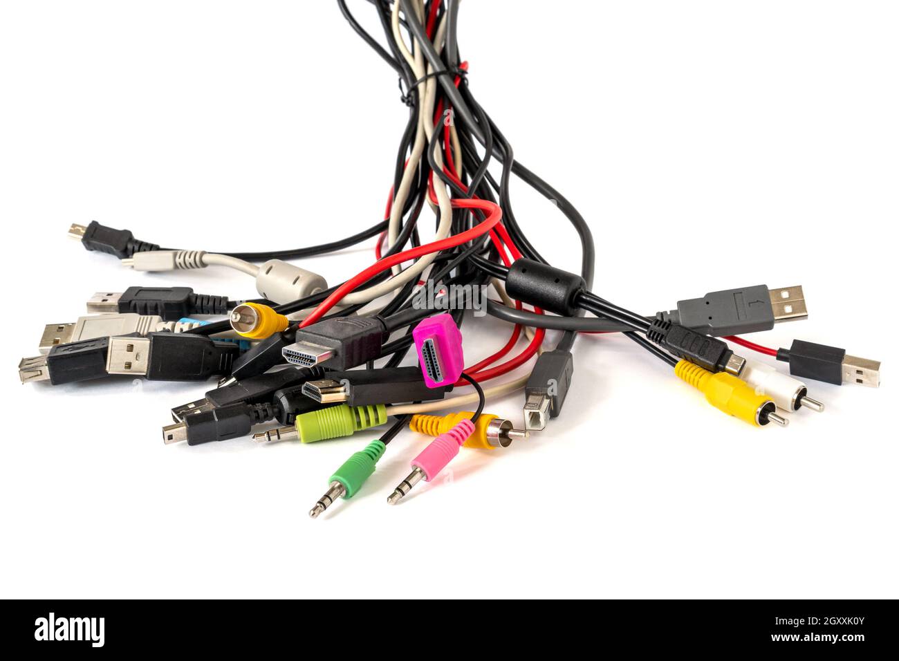 Close-up shot of bundle of various colored cables with various ...