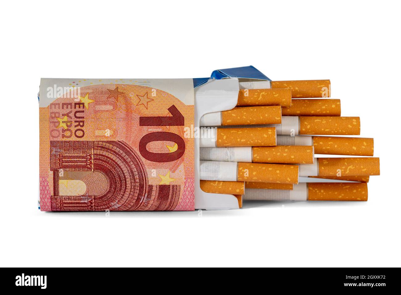 Package of cigarette wrapped in a 10 Euro banknote. Smoking is ...