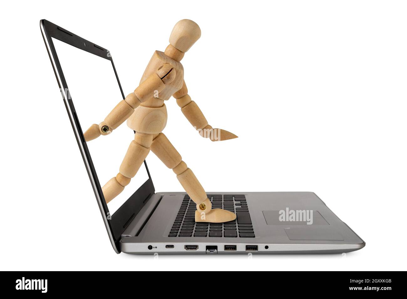 Man Steping Out Of Computer Notebook Screen. Internet theft concept ...