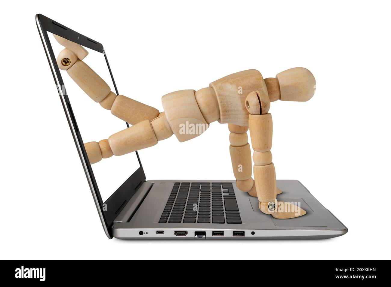 Man Crawling Out Of Computer Notebook Screen. Internet theft concept ...