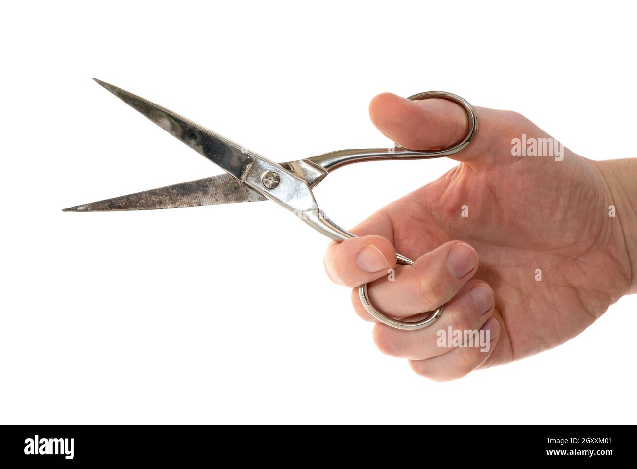Hand holding a scissors isolated on white background Stock Photo - Alamy