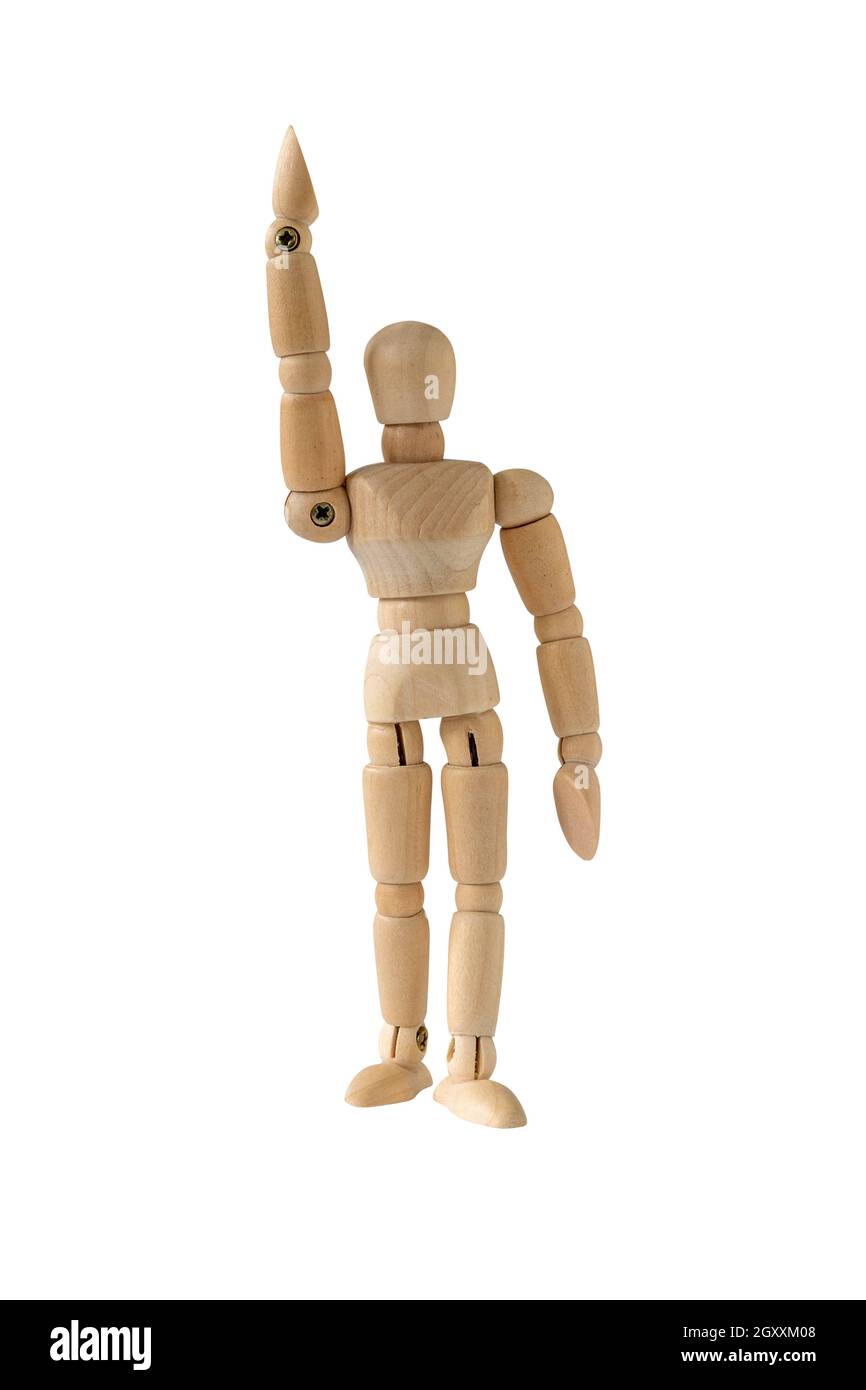 Wooden model raise his hand, isolated on white background Stock Photo ...