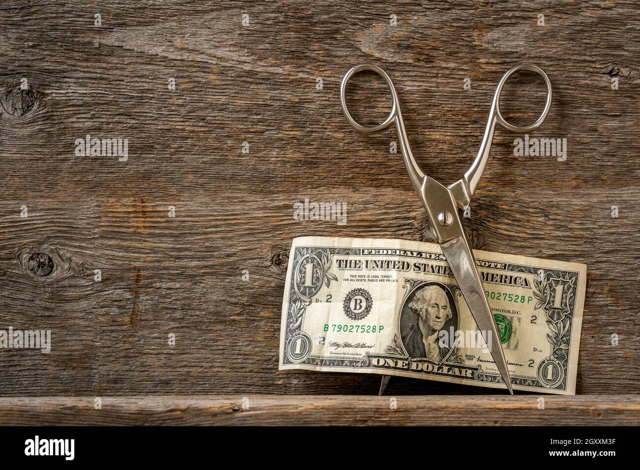 Scissors cutting one dollar bill. Concept on the topic of devaluation ...