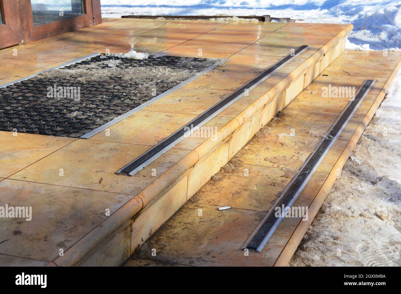 Close up on Danger Frozen Steps. Ice Covered Slippery Stair Case Stock ...