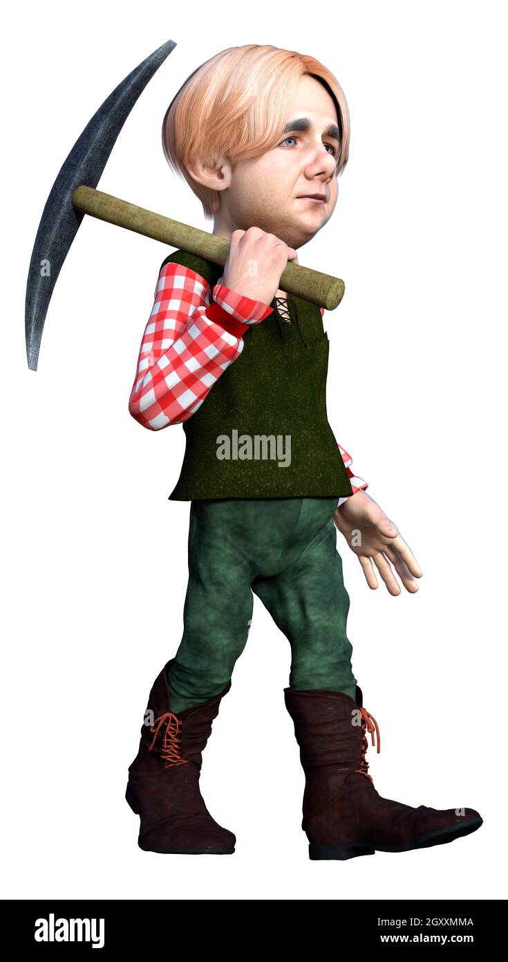 3D rendering of a fantasy dwarf holding an iron pick axe with a wooden ...