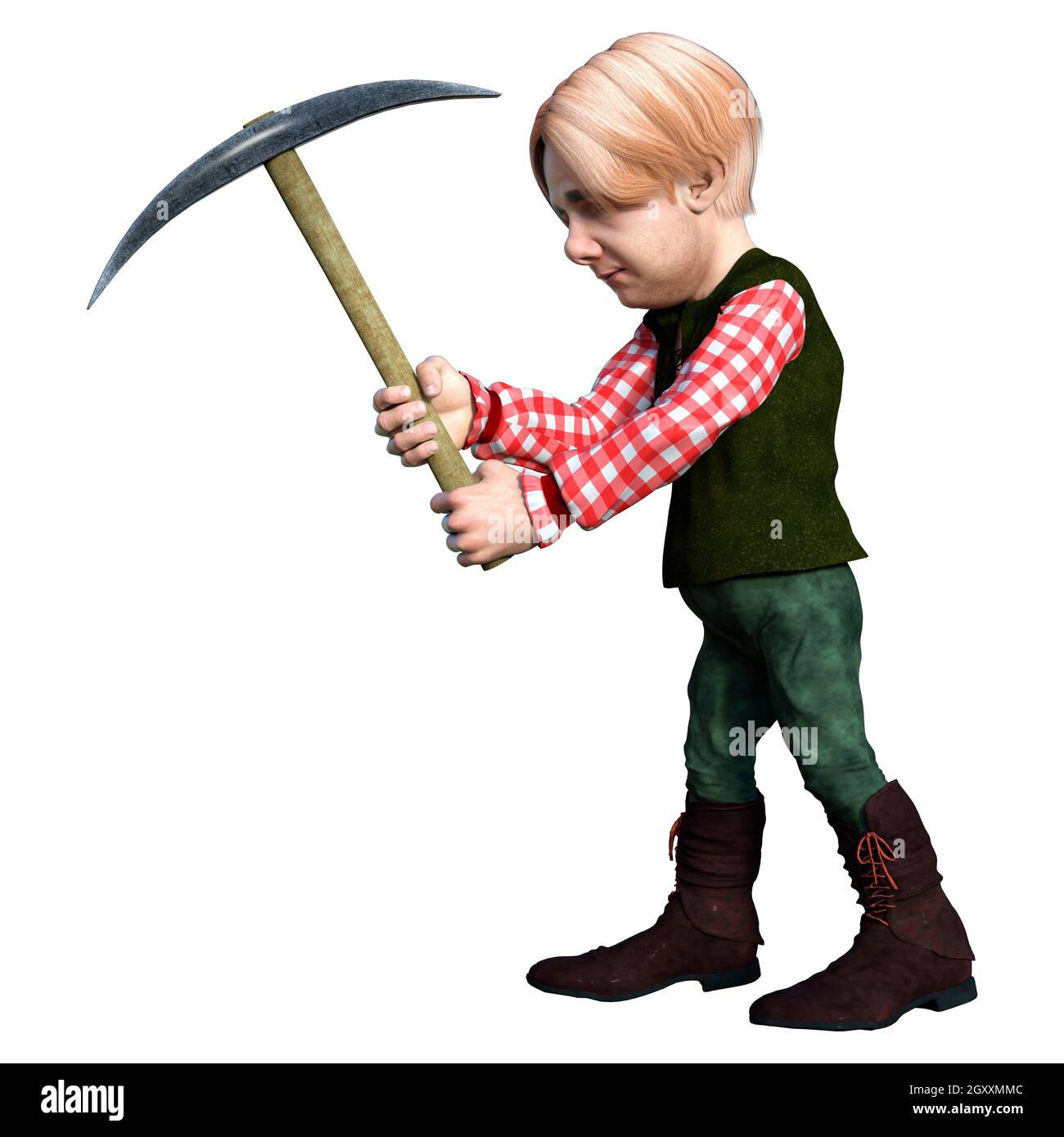 3D rendering of a fantasy dwarf holding an iron pick axe with a wooden ...