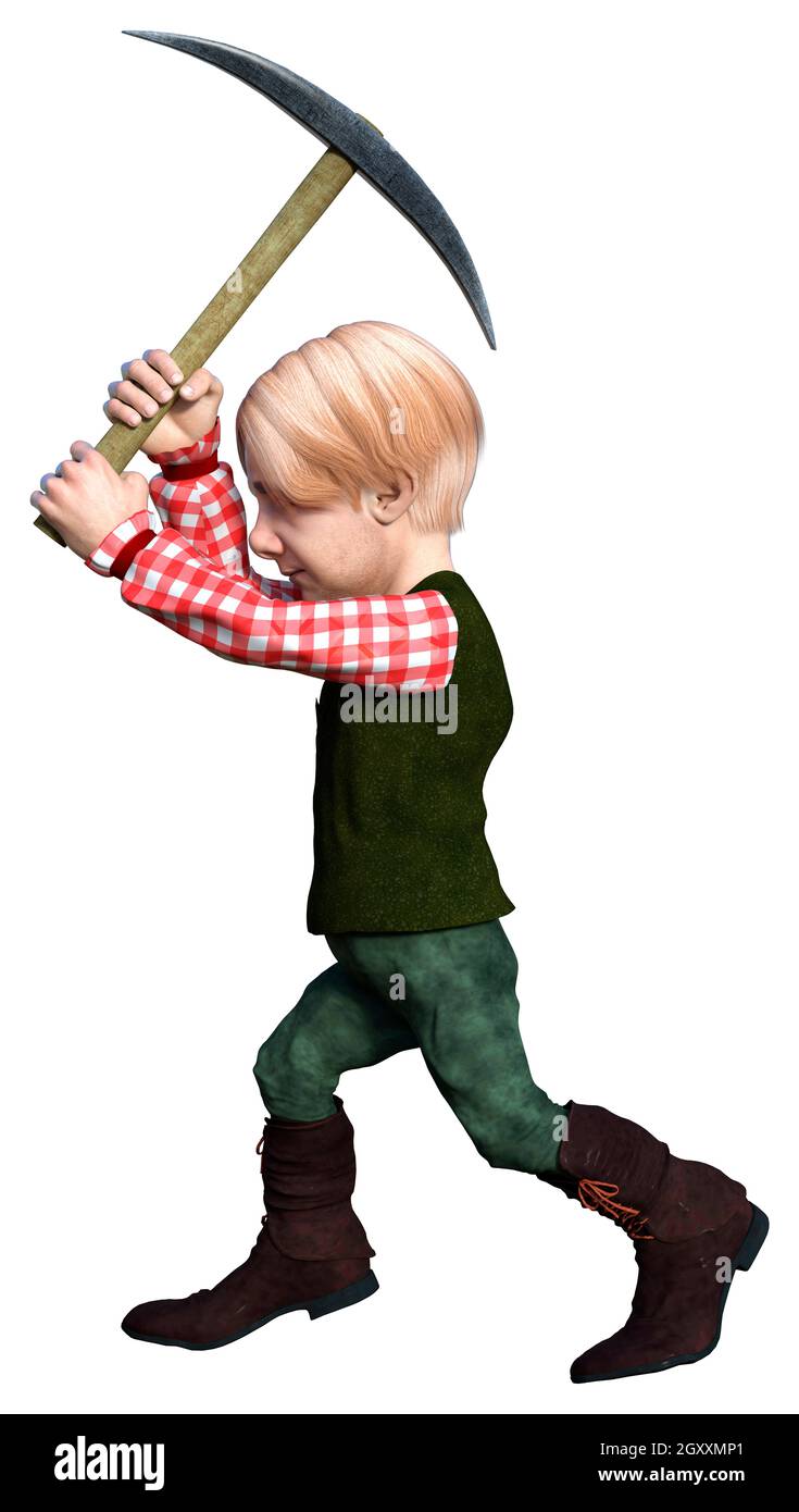 3D rendering of a fantasy dwarf holding an iron pick axe with a wooden ...