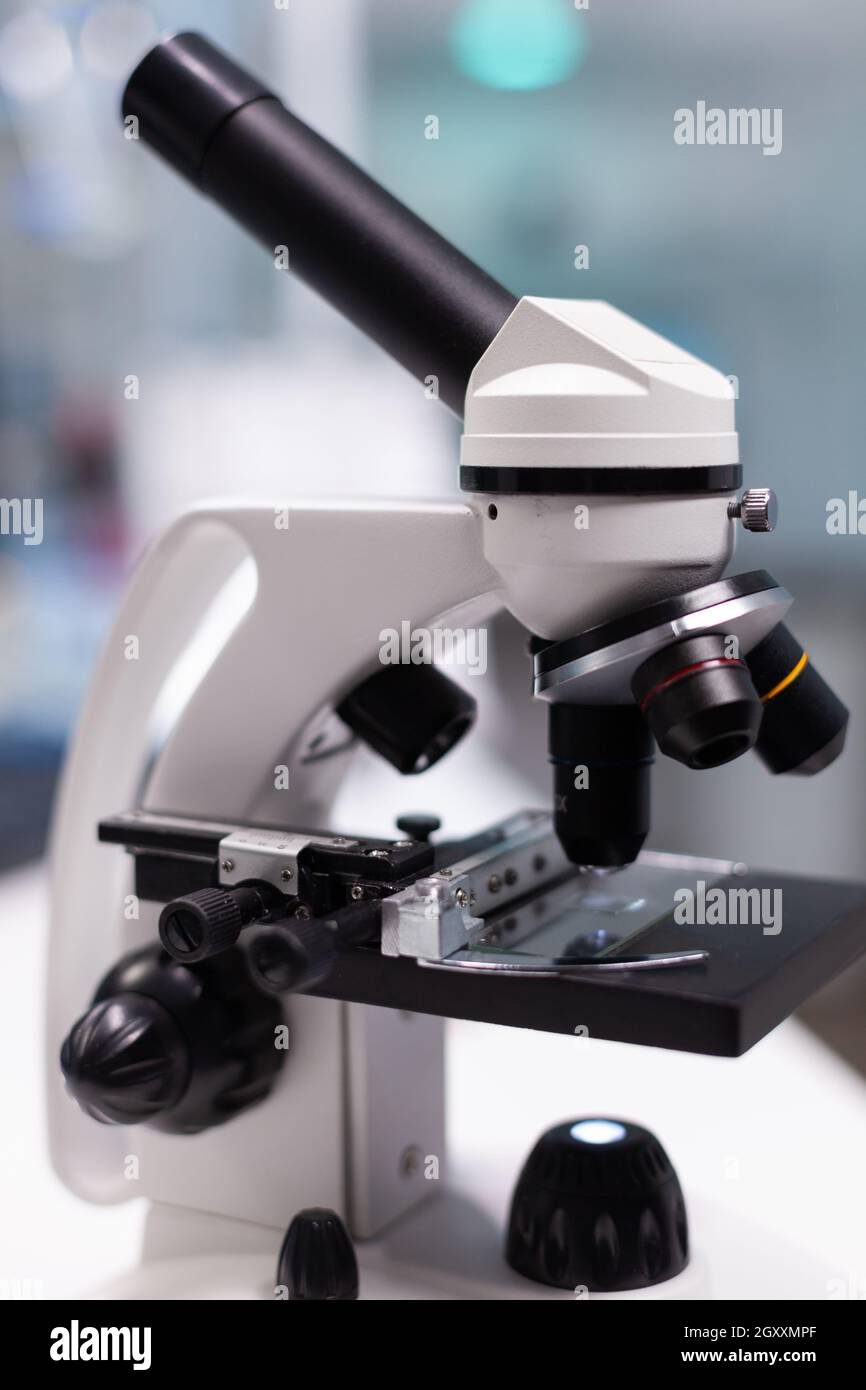 Close up of microscope in biochemistry laboratory at research clinic ...
