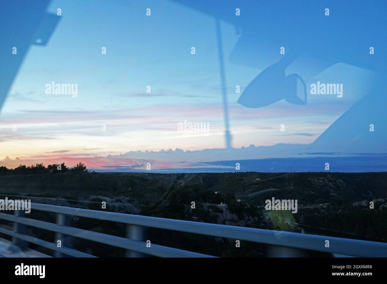 Beautiful roadside landscape scenery with mountain range and clear blue ...