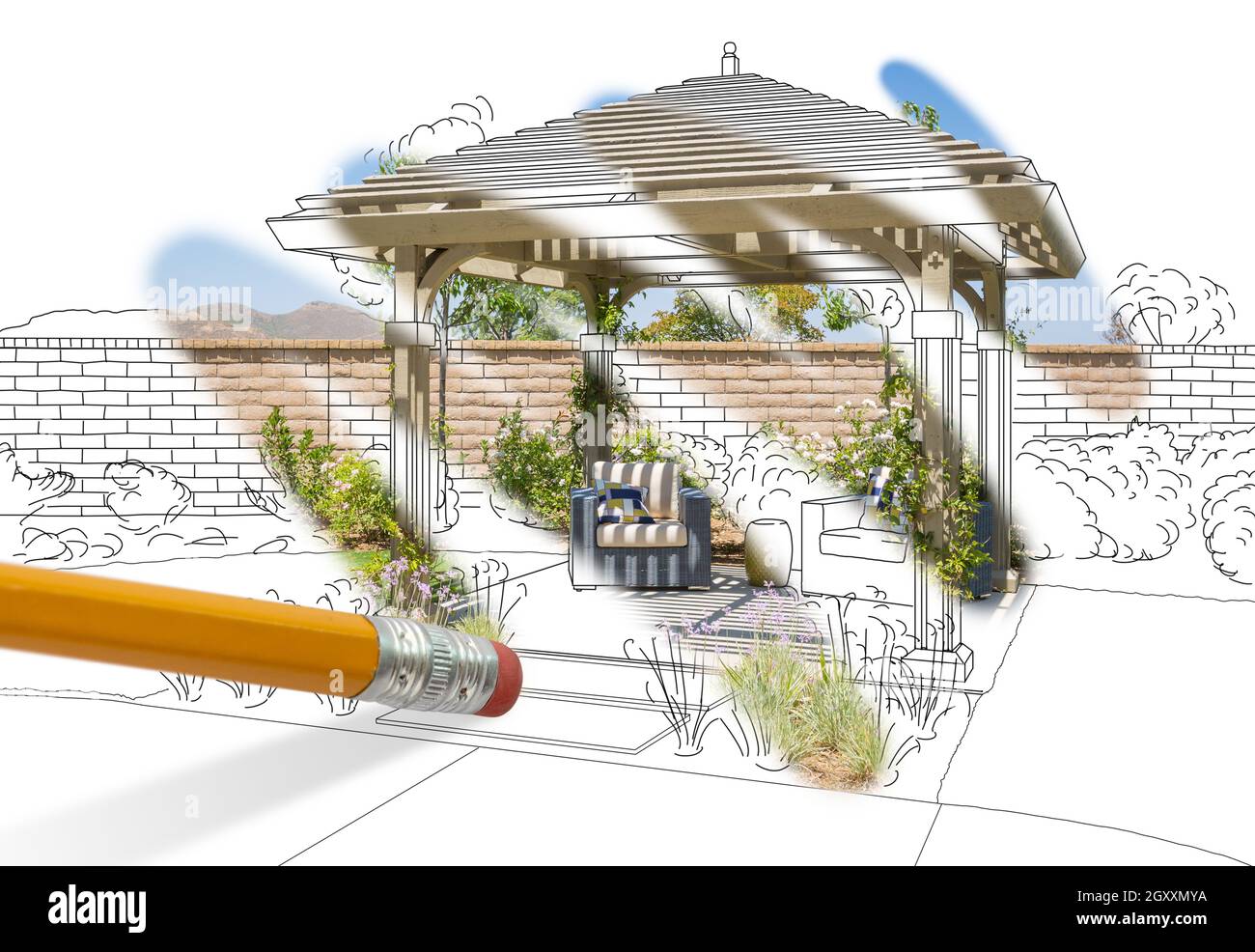 Pencil Erasing Drawing To Reveal Finished Pergola Patio Cover Design ...