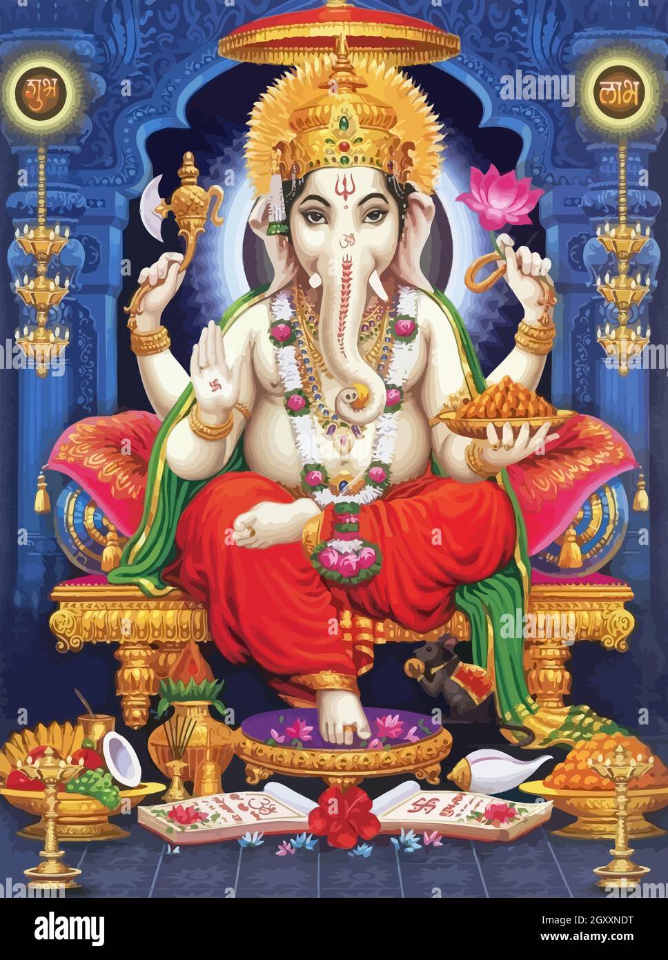 seated throne Ganesha hindu lord faith mythology illustration Stock ...