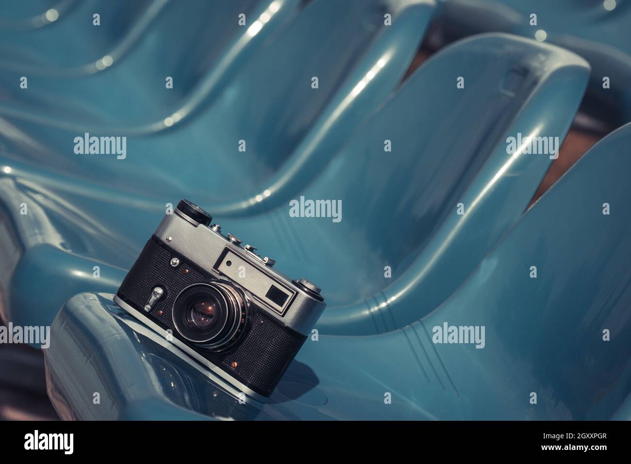 Retro camera of press and media reporter in stadium, sport journalism ...