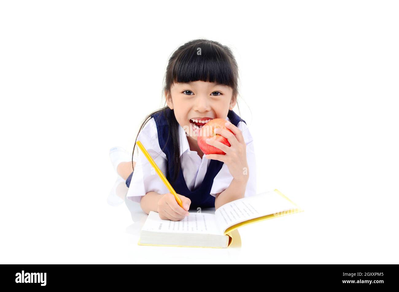 Back to school. Portrait of happy asian cute little child girl in ...