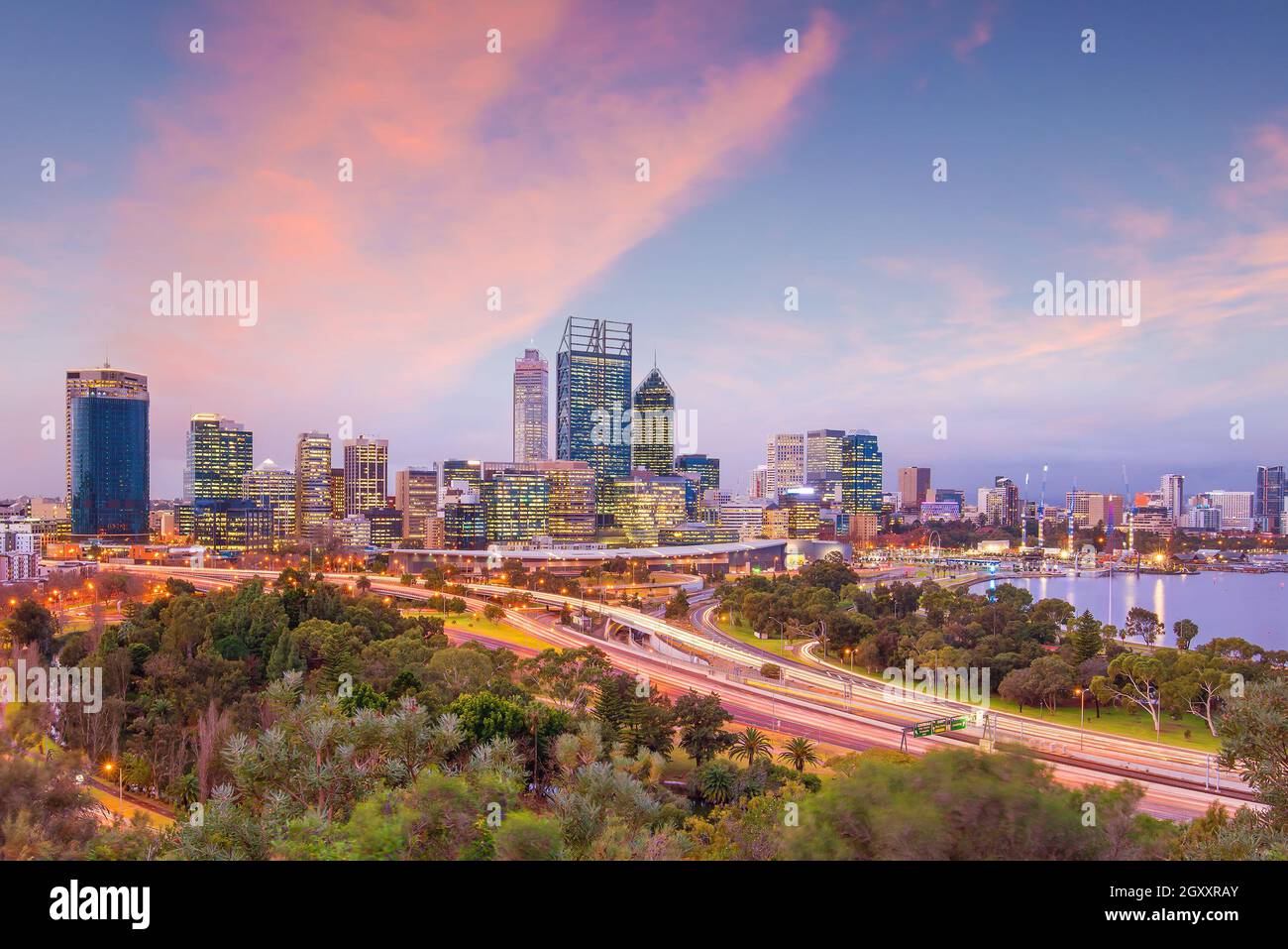 Downtown Perth skyline in Australia at twilight Stock Photo - Alamy