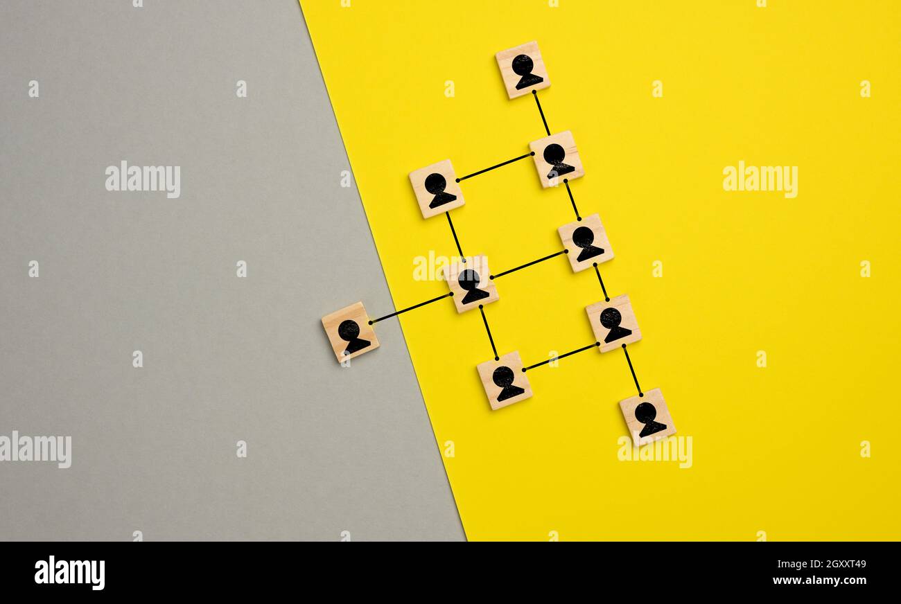 wooden blocks with figures on a gray yellow background, hierarchical ...