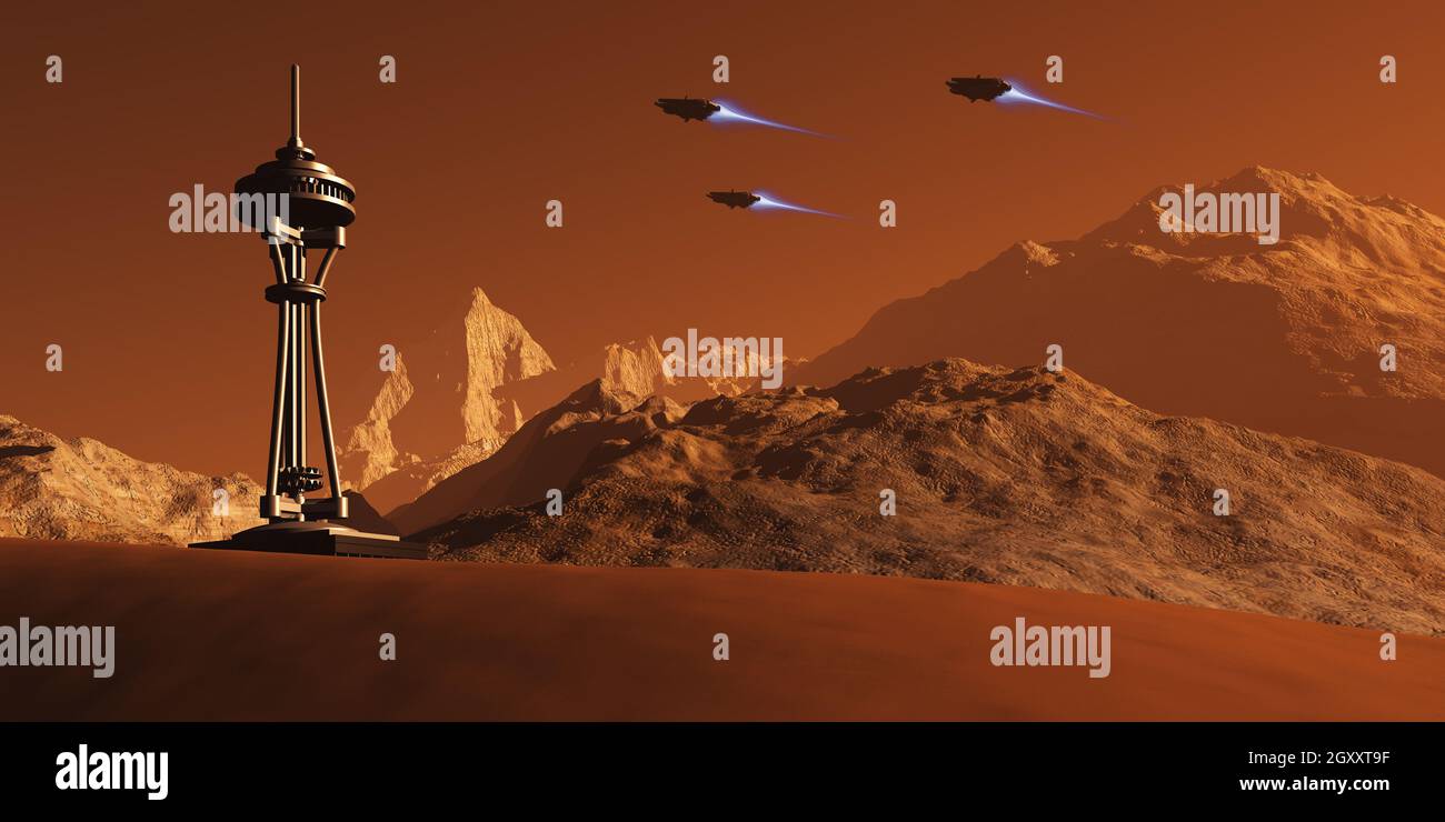 Spacecraft from Earth come in for a landing near a Space Needle ...