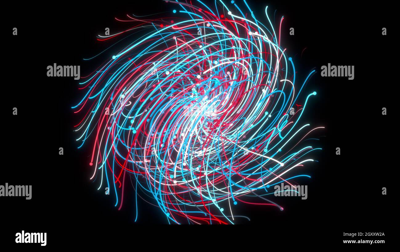Chaotic spinning 3d render stripes in spatial spiral. Disordered ...