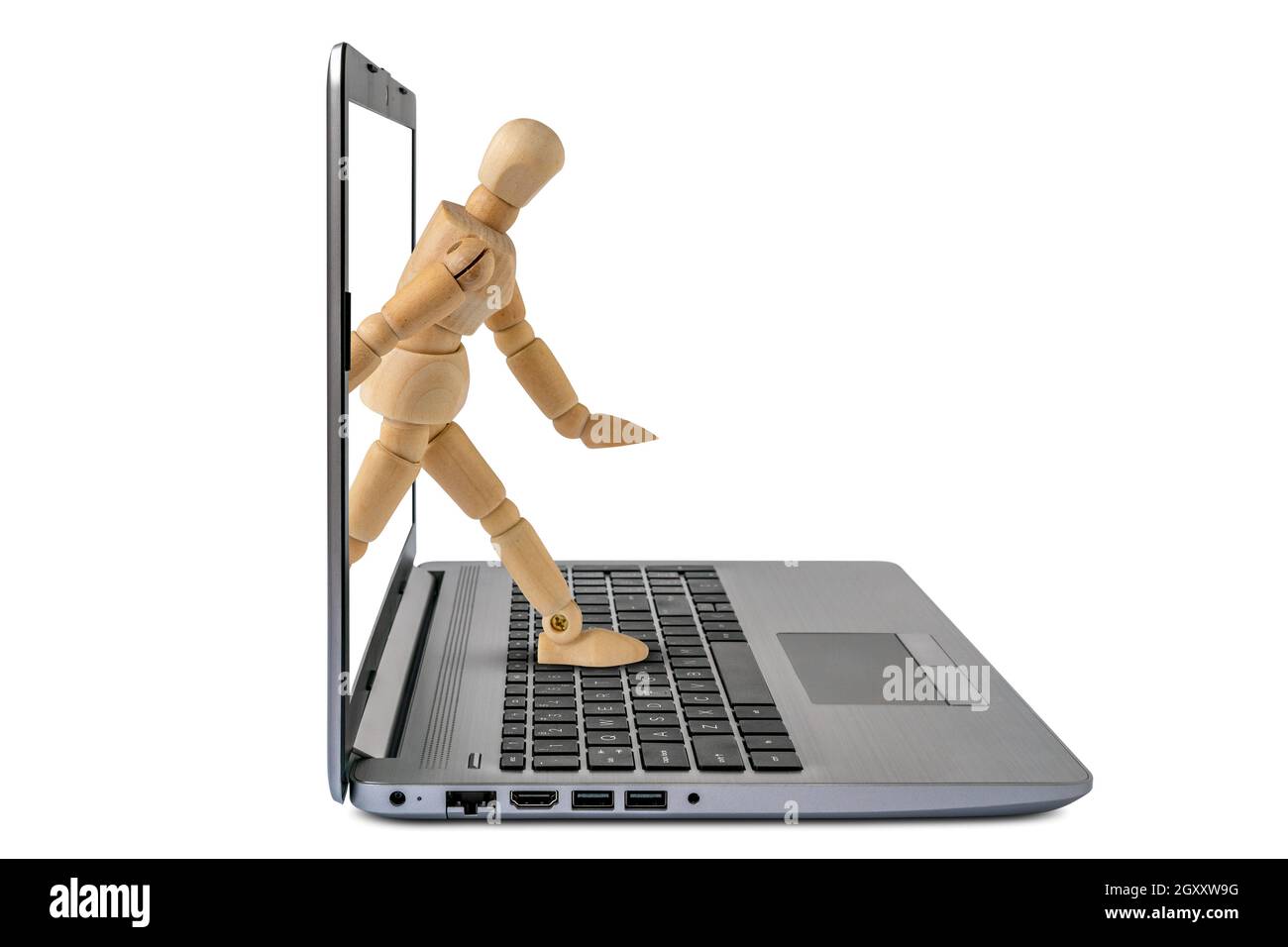 Man steping out of laptop computer screen. Concept for internet ...
