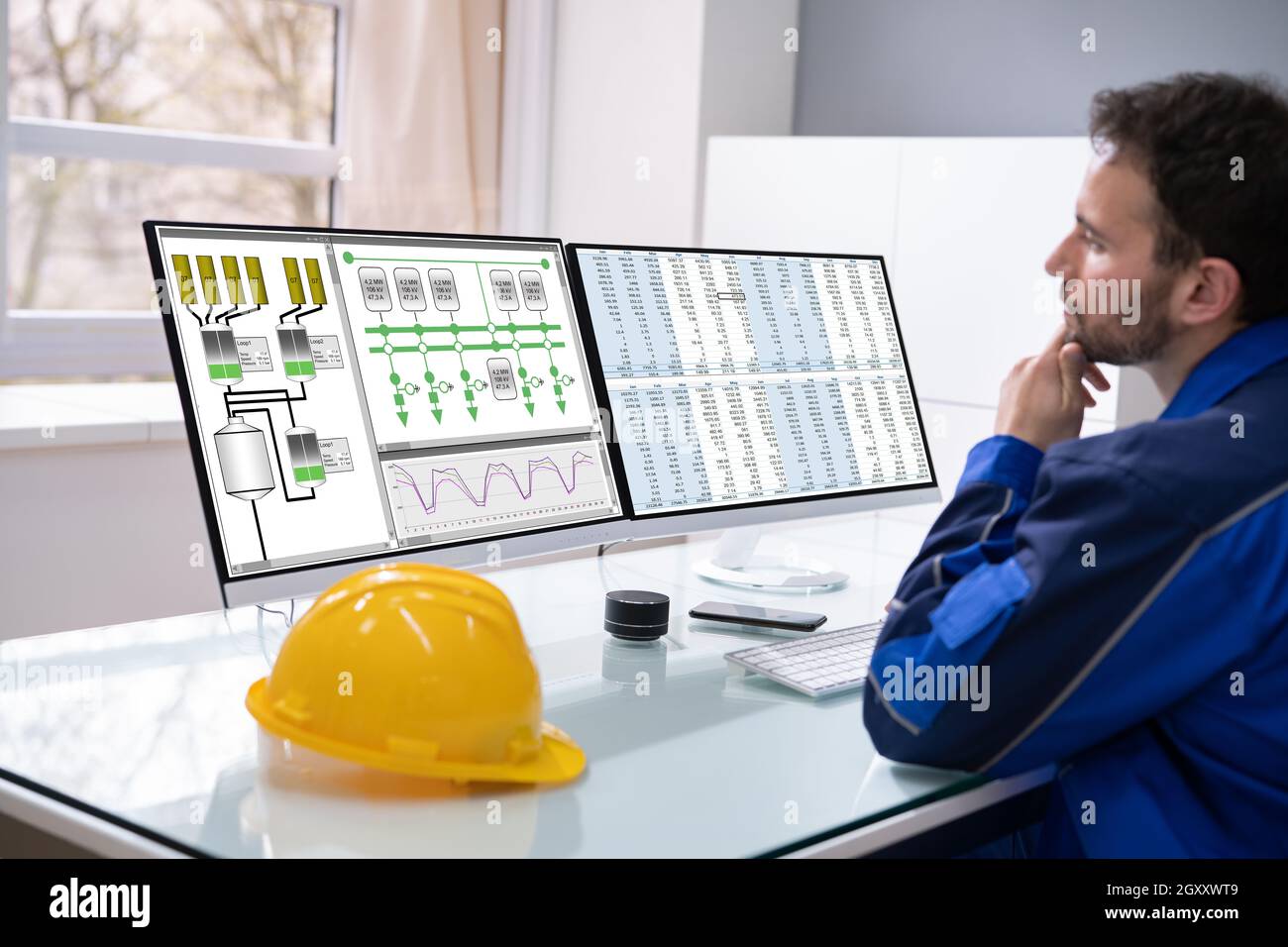 Industrial Engineer Sitting At Workplace Behind Computer Monitor Stock ...