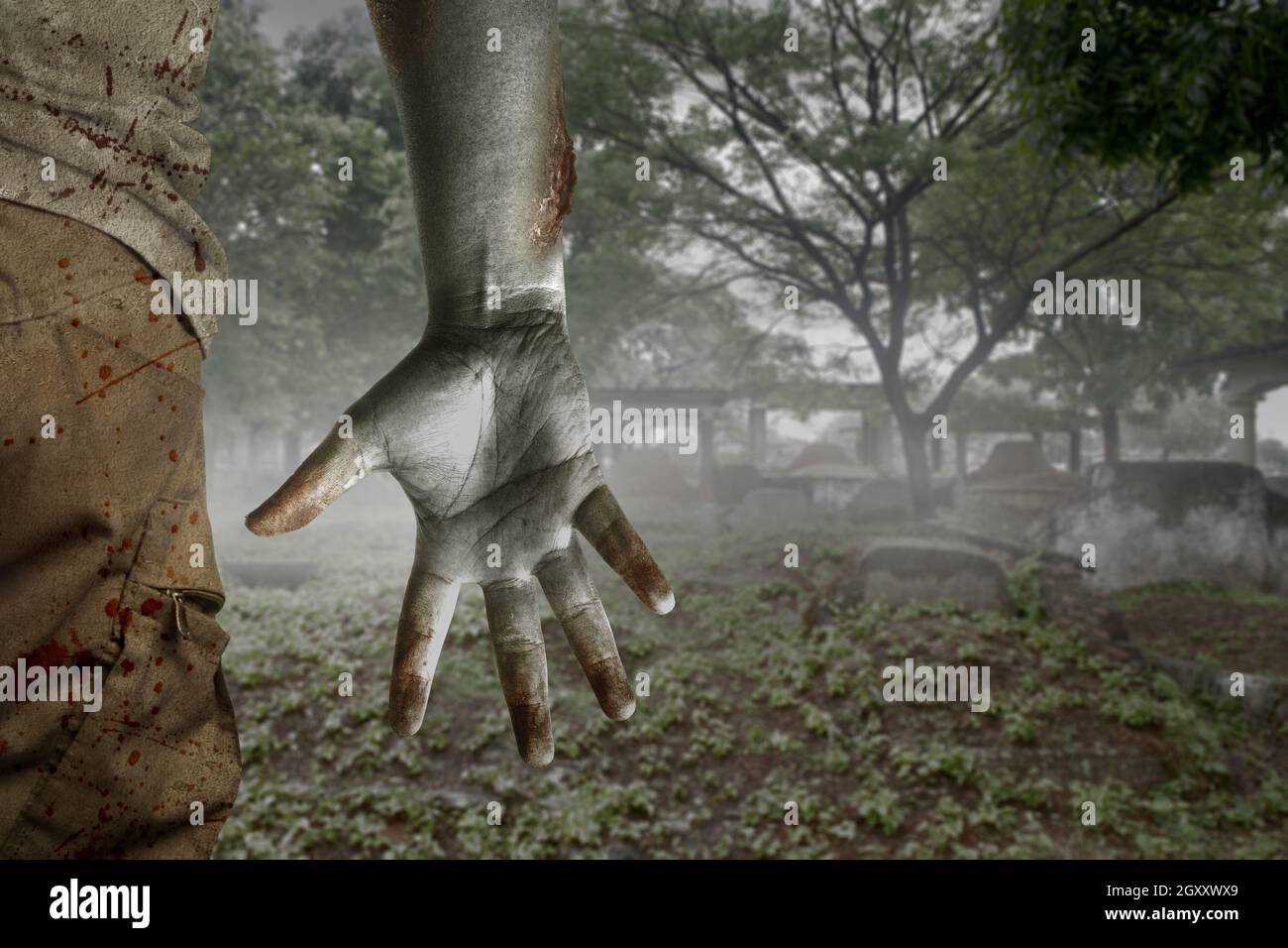 Scary zombie with blood and wound on his body walking on the cemetery ...