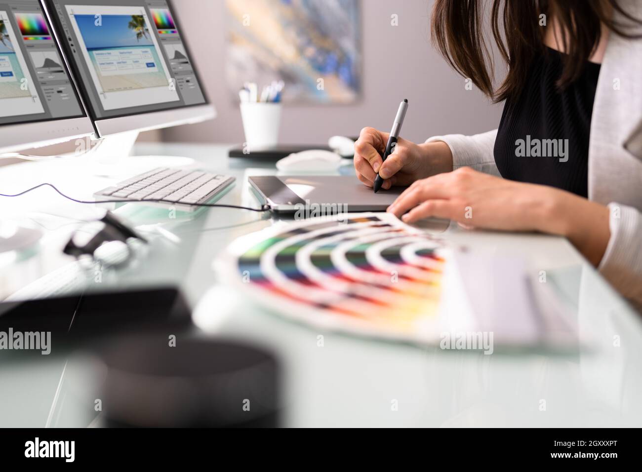 Graphic Web Designer Using Multiple Monitors Desktop Computer Stock ...