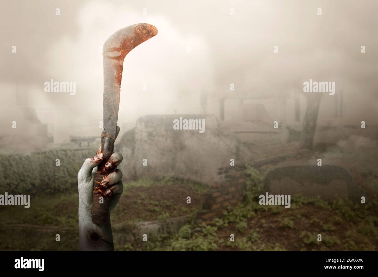 Zombie hands with wound holding sickle with foggy background Stock ...