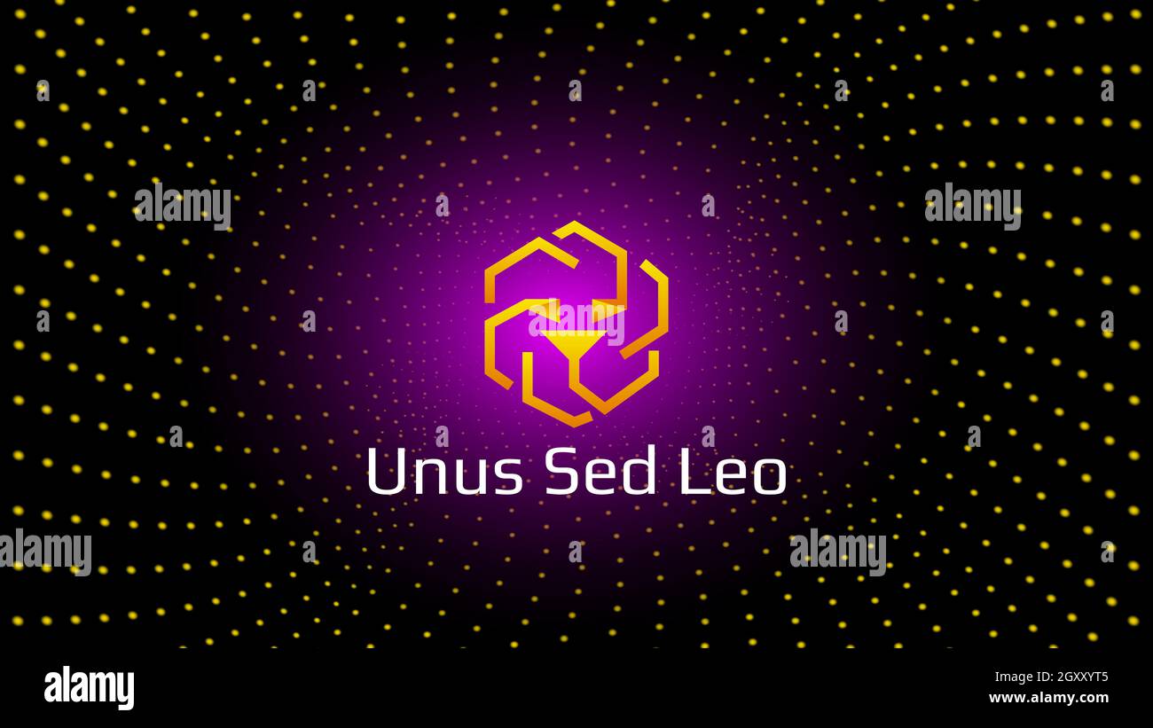 Unus Sed Leo token symbol cryptocurrency in center of spiral of glowing ...