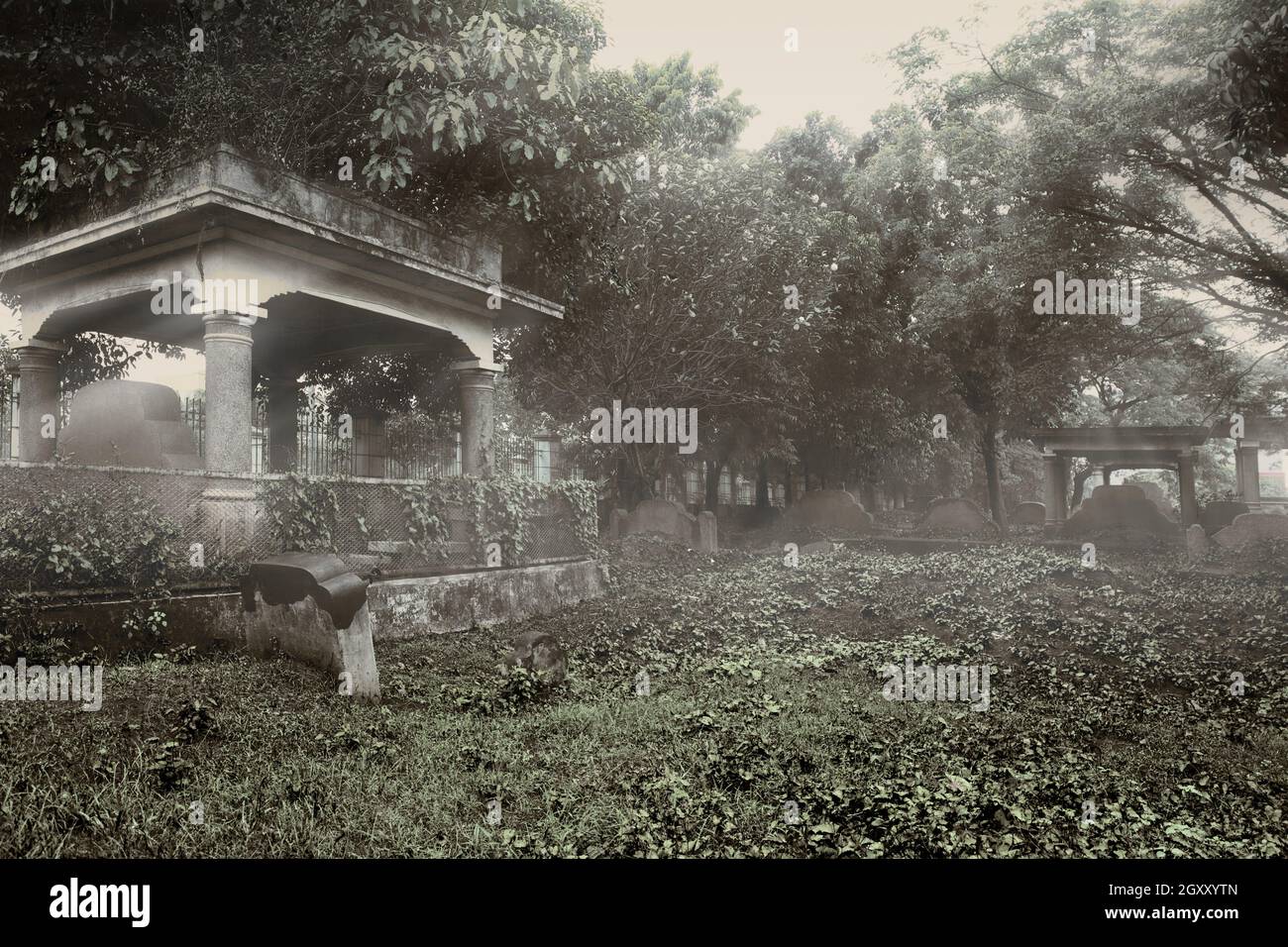 Tombstones on the graveyard with the dramatic scene background ...