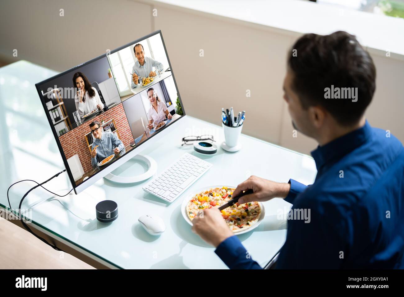 Virtual Office Lunch Break Using Online Video Conference Stock Photo ...