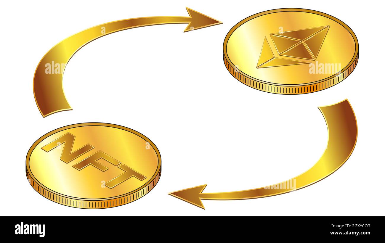 NFT and Ethereum ETH circulation isometric concept with gold coins and ...