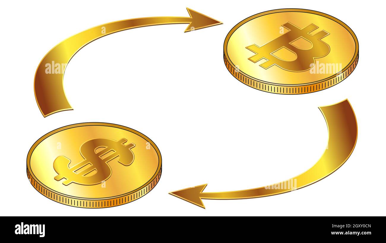 Dollars USD and Bitcoin BTC circulation isometric concept with gold ...