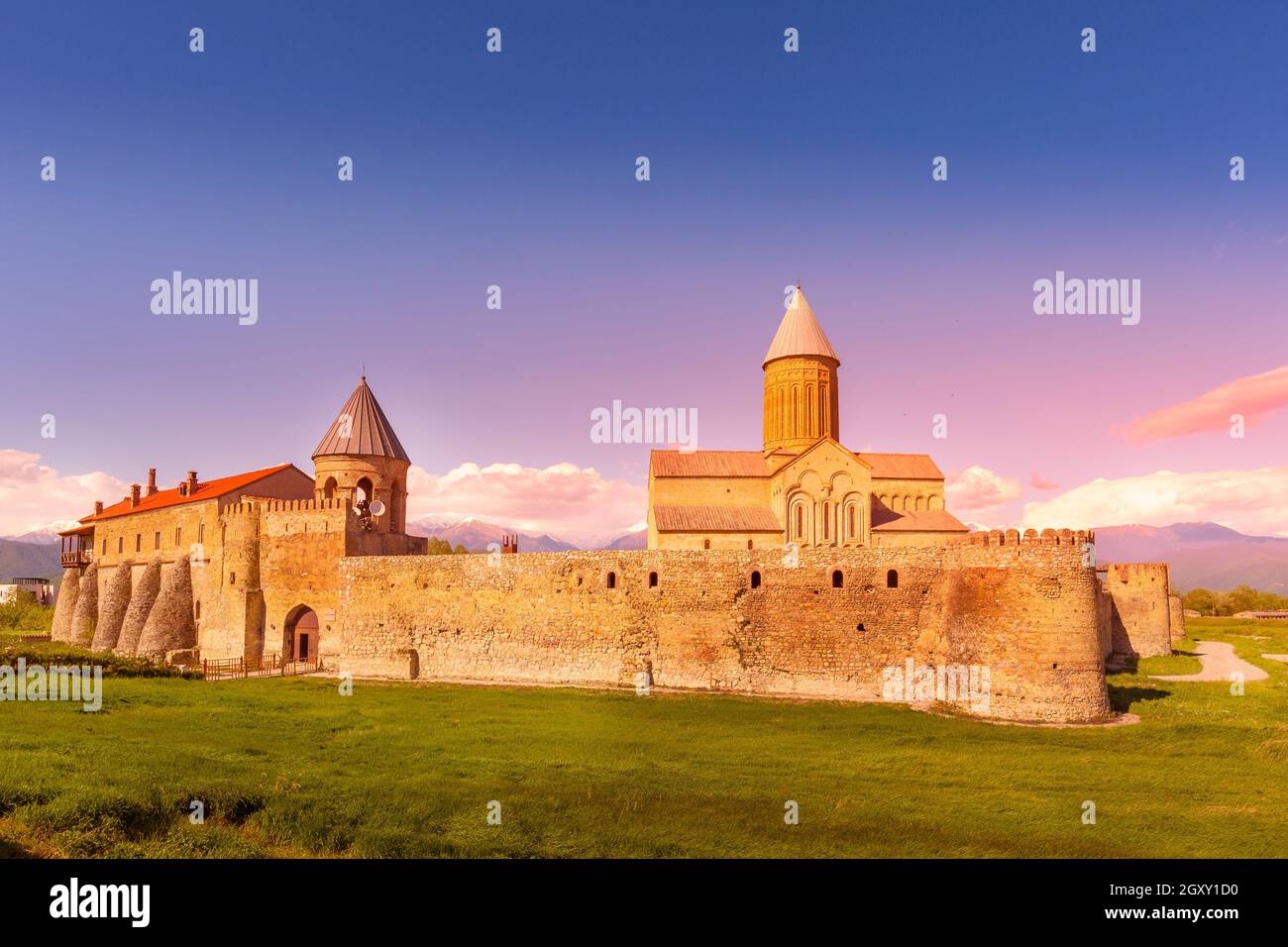 Sunset panorama of Alaverdi Georgian Eastern Orthodox monastery in ...